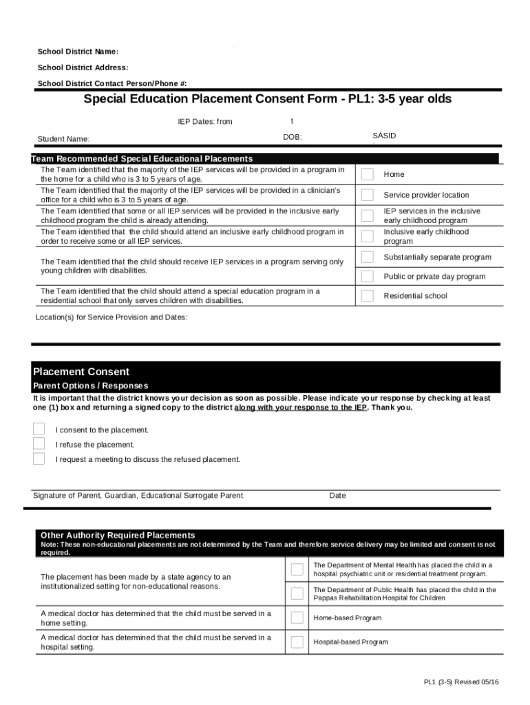 Placement Consent - PL1: 3-5 year olds Doc Template | pdfFiller