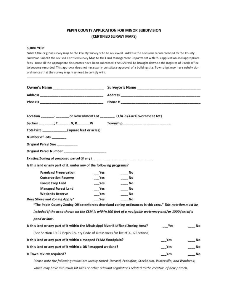 Fillable Online pepin county application for minor subdivision ...