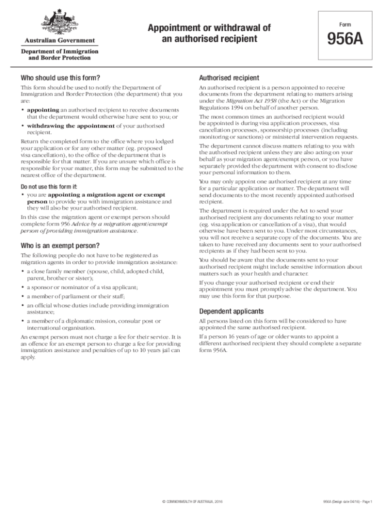 Fillable Online Form 956a Appointment Or Withdrawal - Fill Online ...