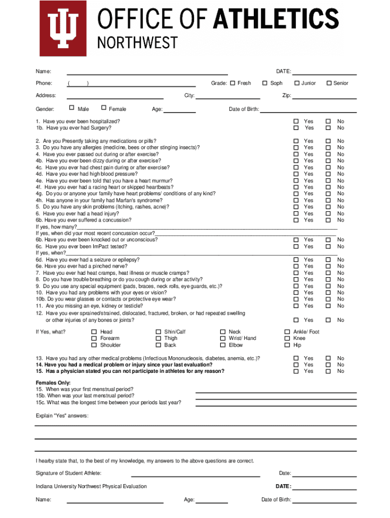 Fillable Online Fillable Online Physical Form - Indiana University ...