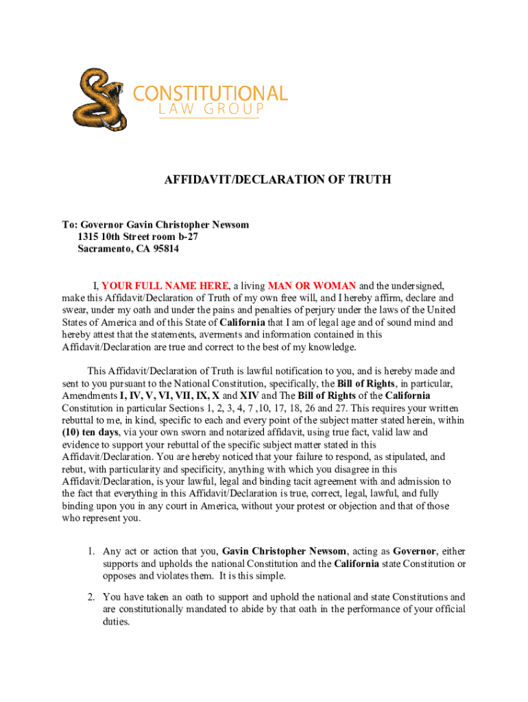 Fillable Online California Affidavit Template - Constitutional Law ...