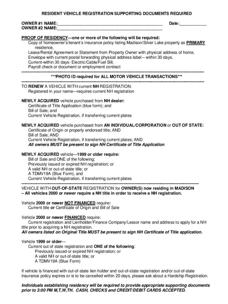Fillable Online NEW RESIDENT VEHICLE REGISTRATION - Madison-NH.org Fax ...