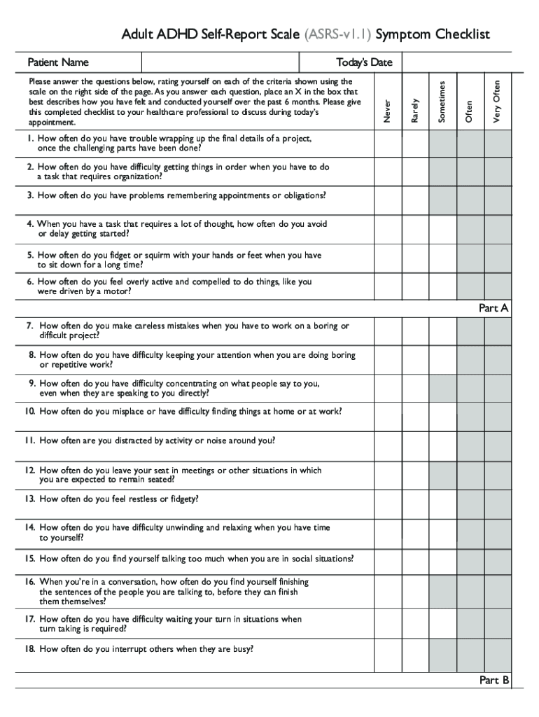 Fillable Online nschc.com documents formsAdult ADHD Self-Report Scale ...