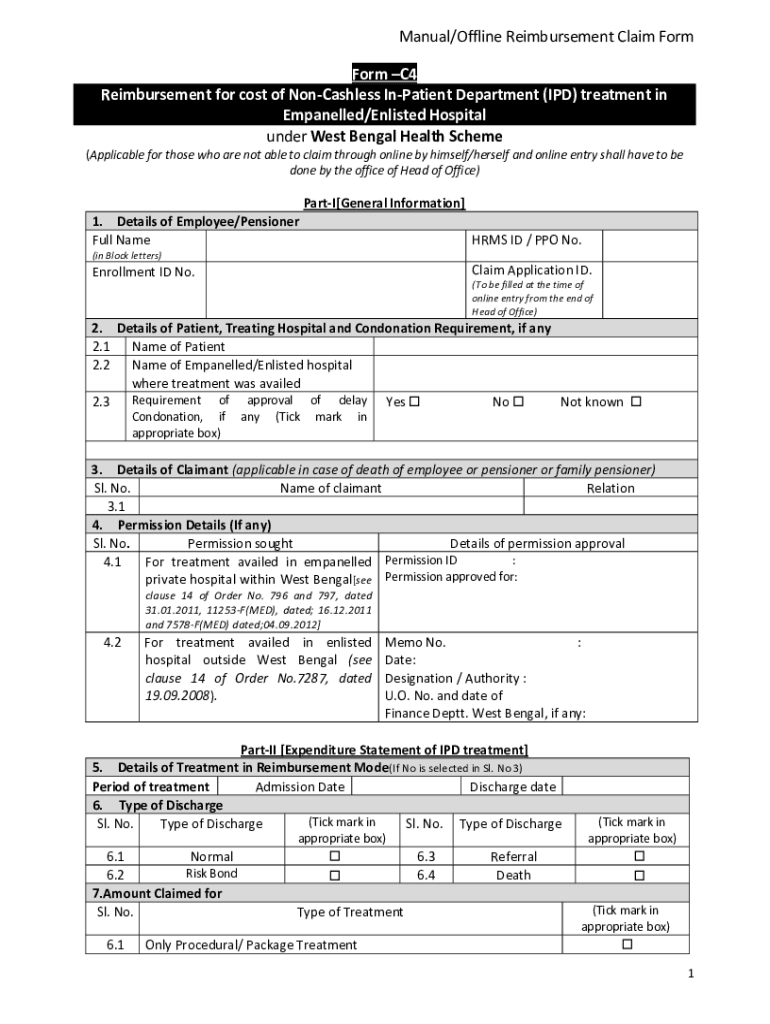 Fillable Online Form C4 Reimbursement for cost of Non-Cashless In ...