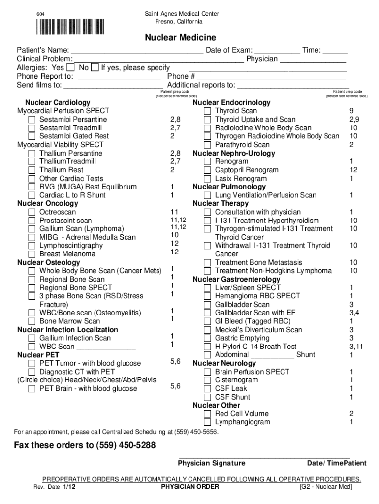 Fillable Online Fillable Online Nuclear Medicine Order Form - Saint ...