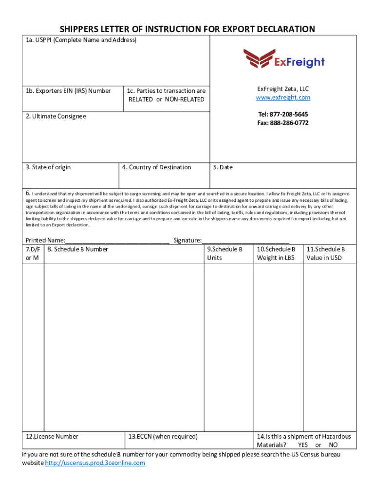 Fillable Online Fillable Online SHIPPERS LETTER OF INSTRUCTION FOR ...