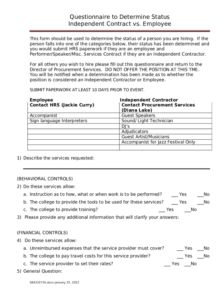 Questionnaire to Determine StatusIndependent Contract vs. Employee Doc ...