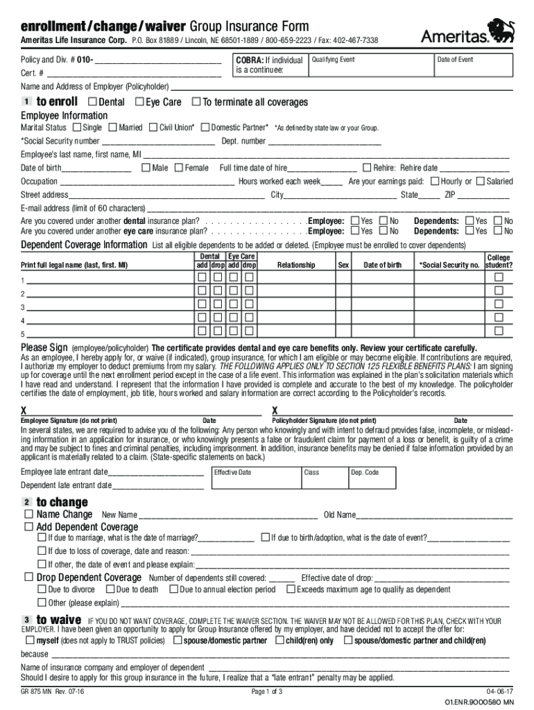 Fillable Online Enrollment Change Waiver Group Insurance Form ...