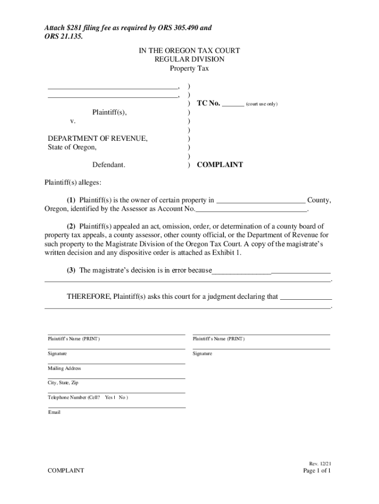 Fillable Online IN THE OREGON TAX COURT MAGISTRATE DIVISION Excise Tax ...
