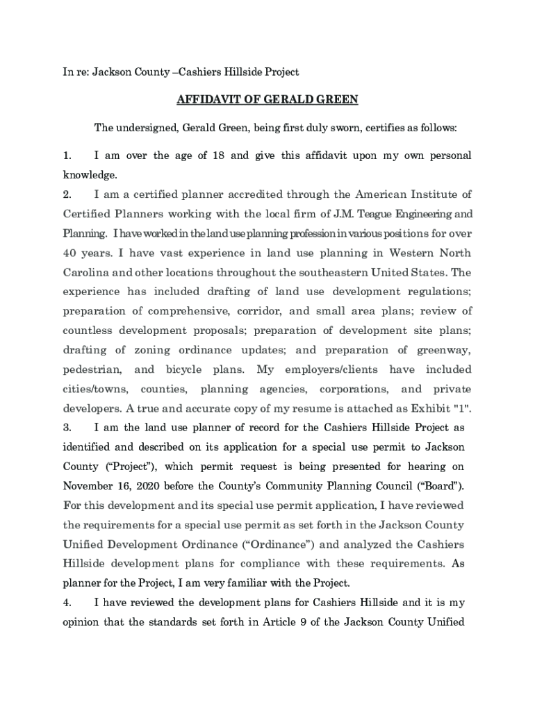 Fillable Online REVISED AFFIDAVIT OF GERALD GREEN - jacksonnc.org Fax ...