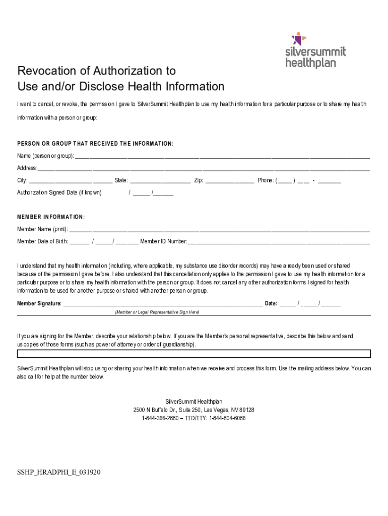 Fillable Online Silversummit Healthplan - Revocation of Authorization to Use and/or Disclose ...
