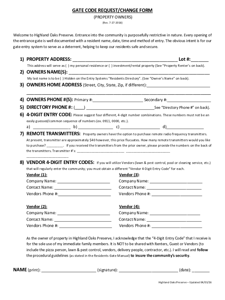 Fillable Online Gate Code Request Form (7-27-18) Fax Email Print ...