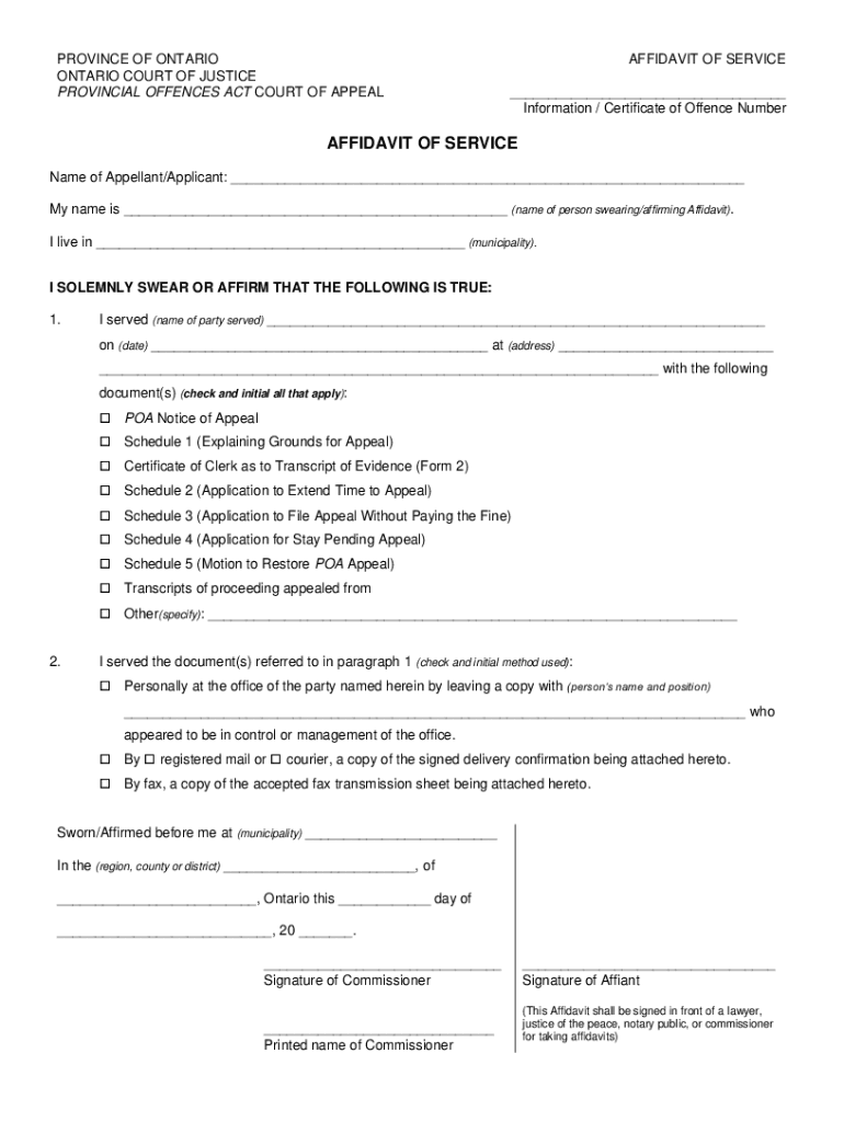 Fillable Online PROVINCE OF ONTARIO AFFIDAVIT OF SERVICE ONTARIO COURT ...