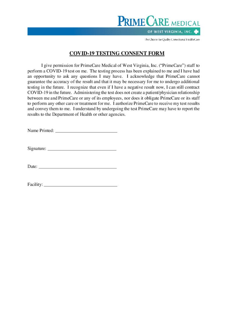 Fillable Online COVID-19 TESTING CONSENT FORM - PrimeCare Medical Fax ...