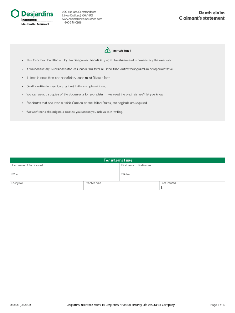 Fillable Online Death claim - Claimant's statement.remplir par le ou ...