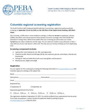 Fillable Online www.peba.sc.govcolumbiaregionalscreeningColumbia ...