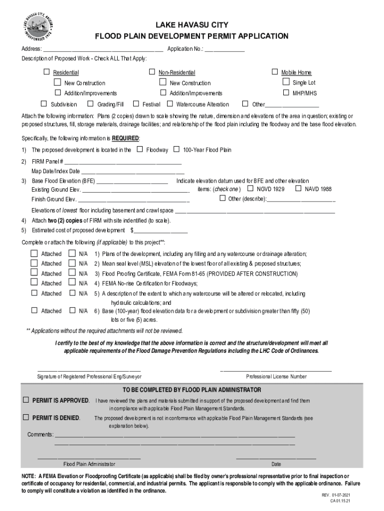 Fillable Online Flood Plain Dev Permit Application - Lake Havasu City ...