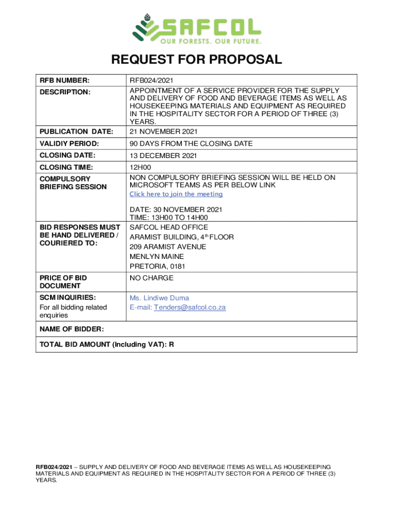 Fillable Online www.safcol.co.zawp-contentuploadsREQUEST FOR PROPOSAL ...