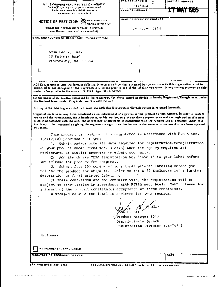 Fillable Online U.S. EPA, Pesticide Product Label, AQUACIDE 3514, 05/17 ...