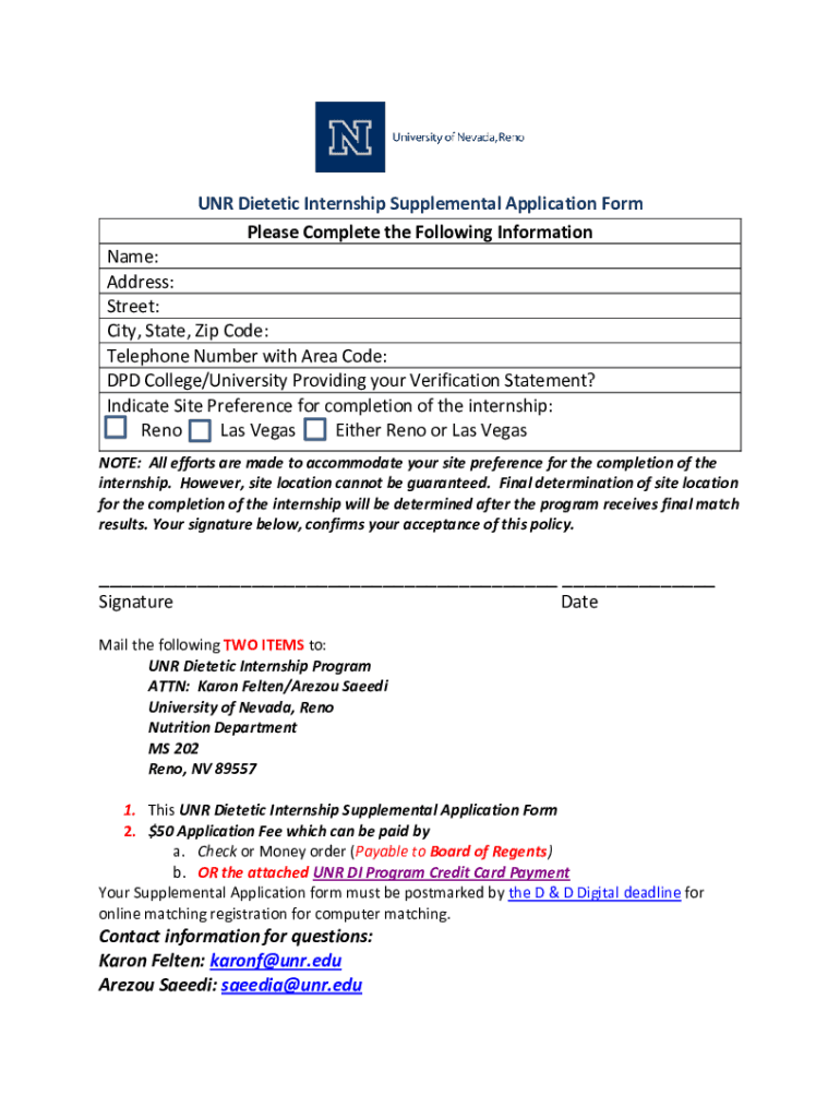 Fillable Online UNR Dietetic Internship Supplemental Application Form ...