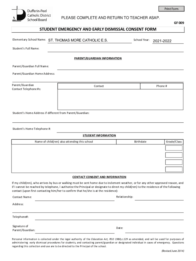 Fillable Online www.dpcdsb.org TMORE DocumentsSTUDENT EMERGENCY AND ...