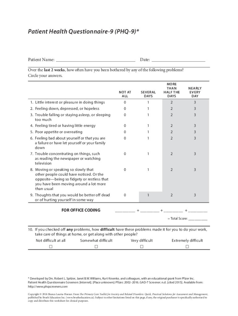 Fillable Online Patient Health Questionnaire-9 (PHQ-9)* - Brush ...