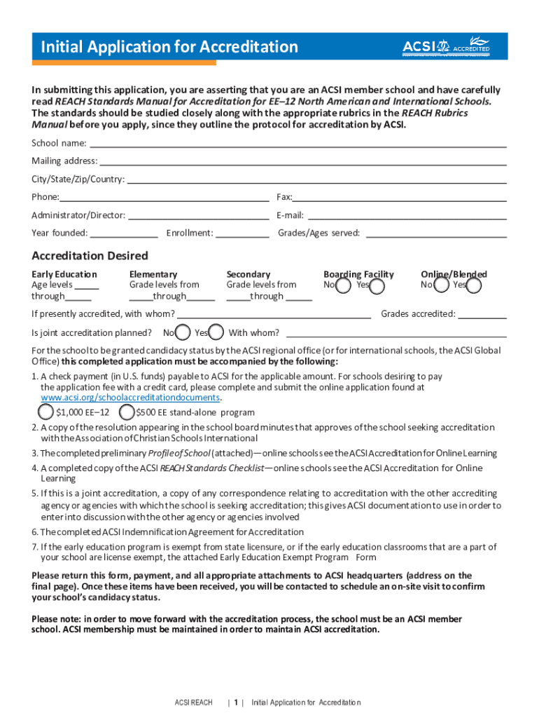 Fillable Online Initial Application for Accreditation - acsi.org Fax ...