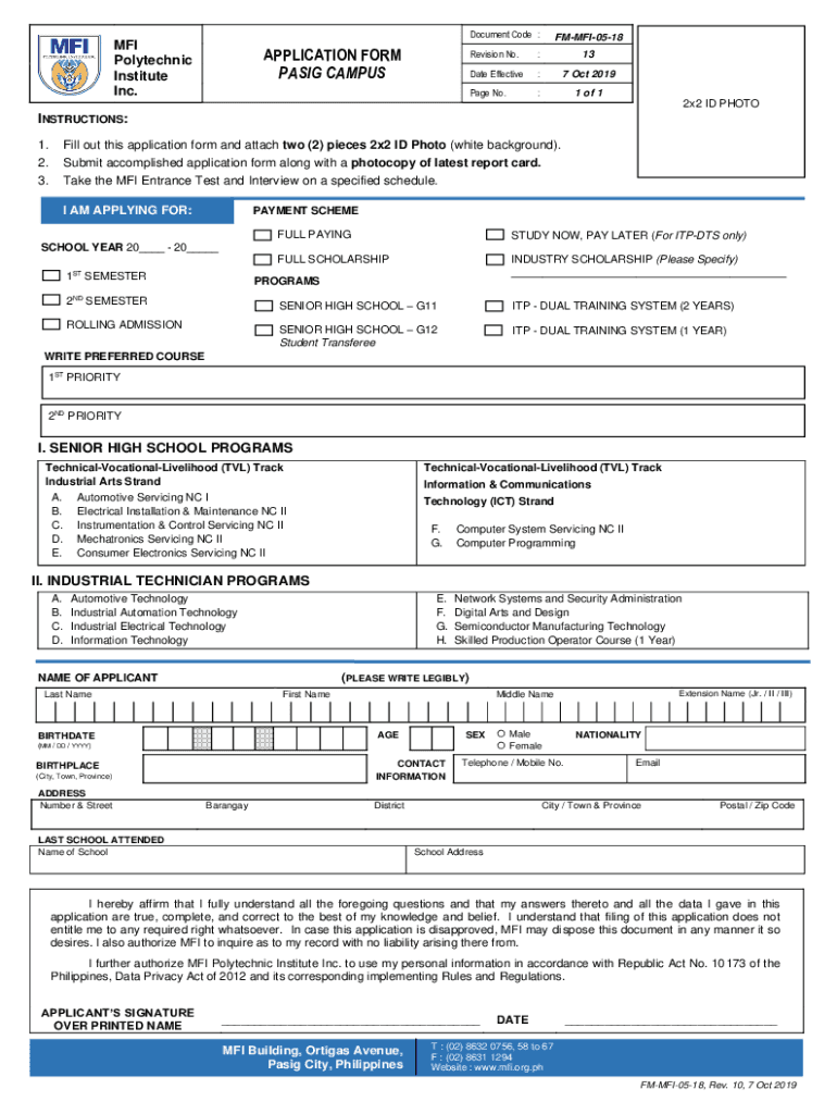 Fillable Online application form pasig campus - MFI Polytechnic ...