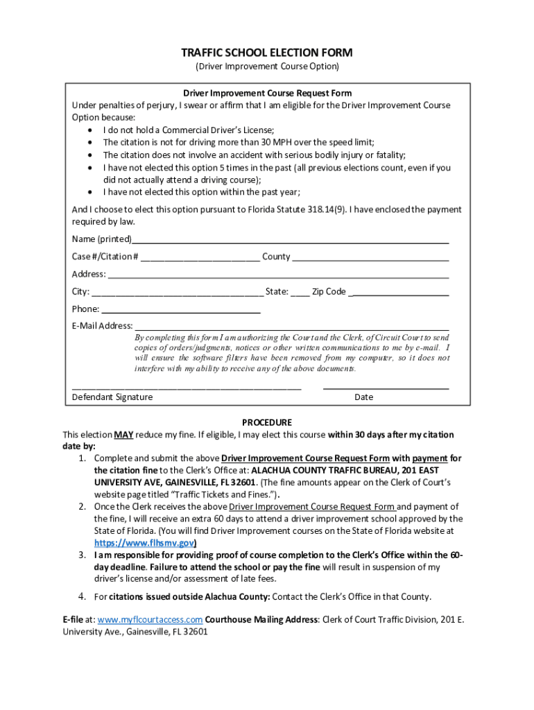 Fillable Online TRAFFIC SCHOOL ELECTION FORM - Clerk of the Court Fax ...