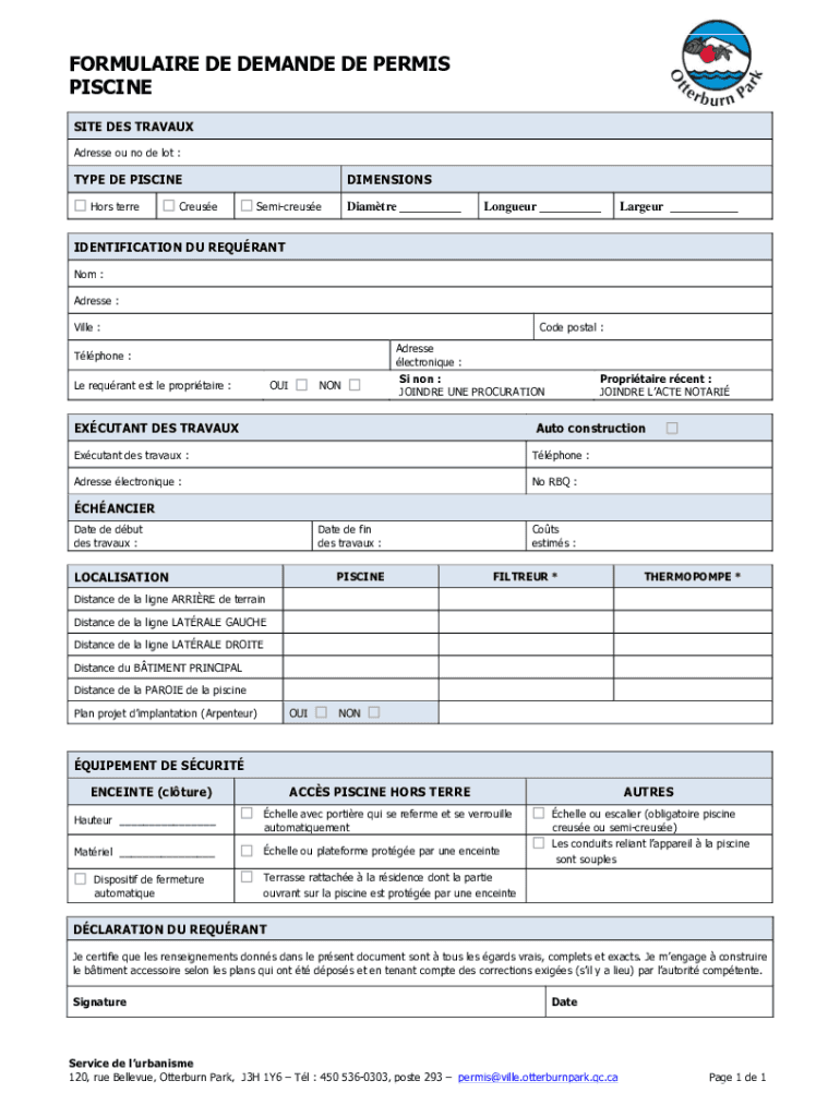 Fillable Online FORMULAIRE DE DEMANDE DE PERMIS PISCINE - Otterburn ...