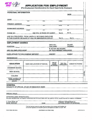 Fillable Online Fillable Online application for employment pre ...