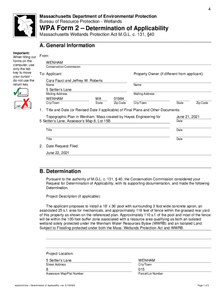 Fillable Online WPA Form 2Determination of Applicability - Town of ...