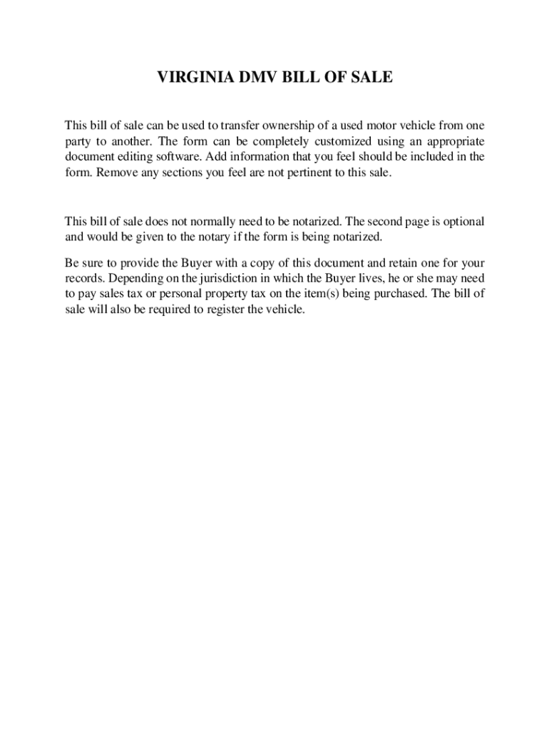 Fillable Online Free Virginia Motor Vehicle Bill of Sale Form - PDFWord ...
