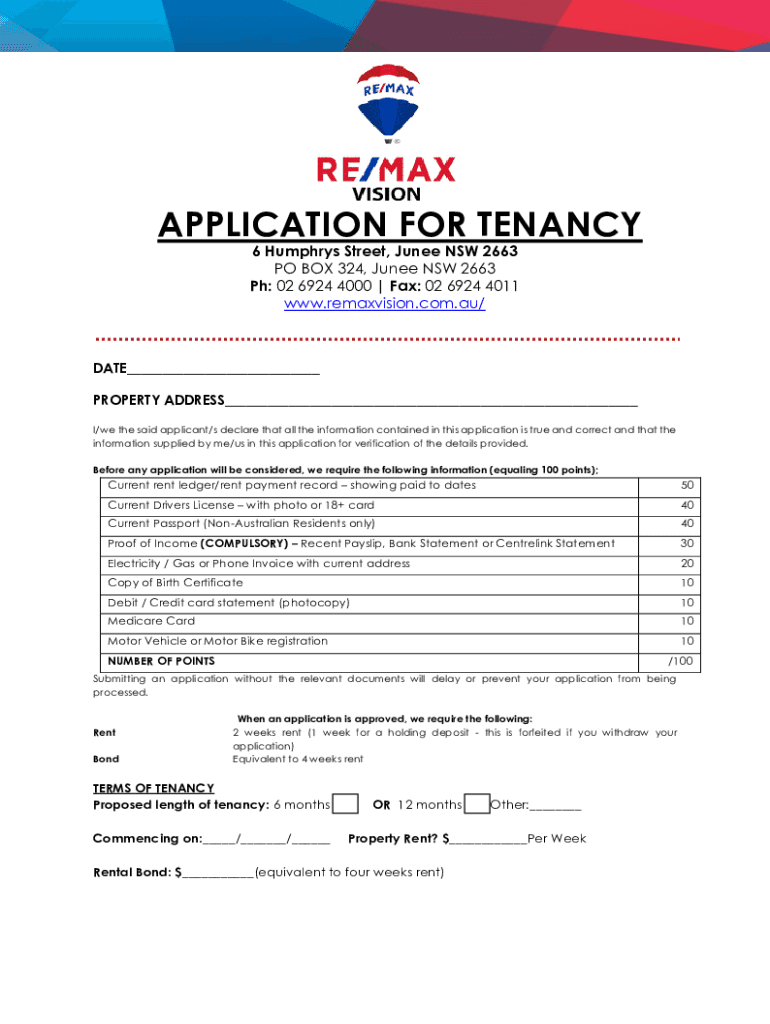 Fillable Online APPLICATION FOR TENANCY - Remax Vision Fax Email Print ...