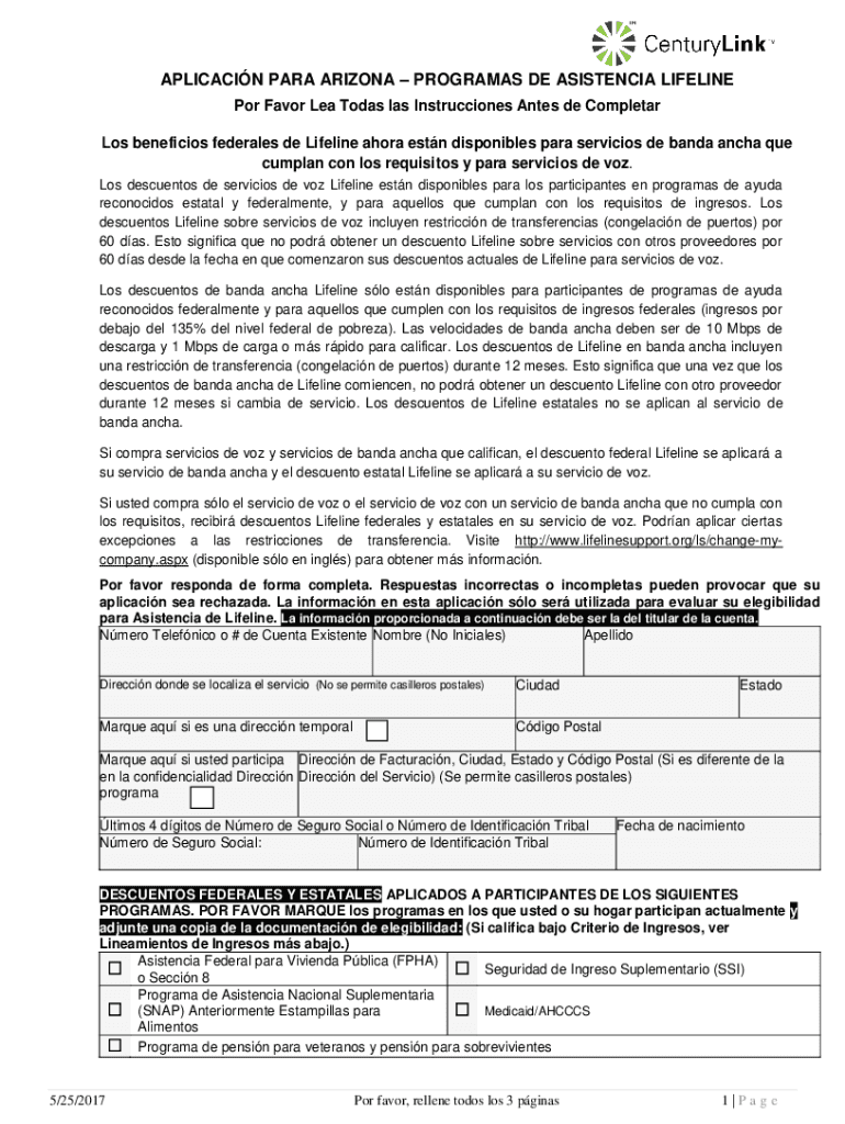 Fillable Online APLICACIN PROGRAMAS DE ASISTENCIA LIFELINE Por Favor ...