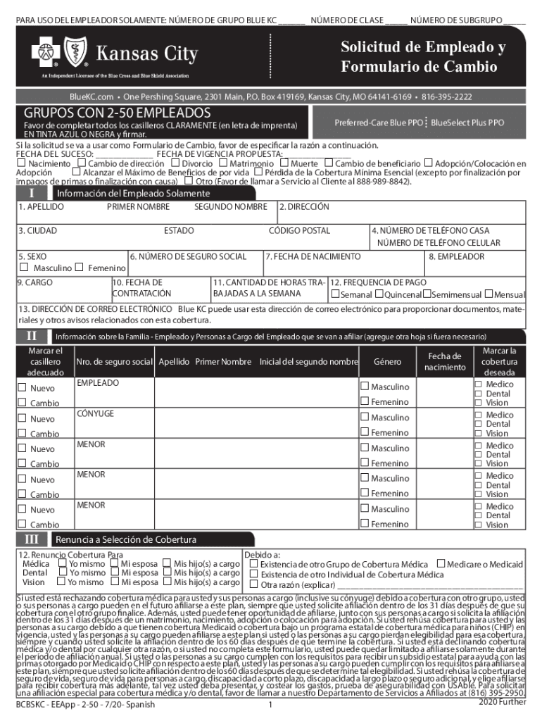 Fillable Online Fillable Online BCBSKC-EEApp-2-50-Life-518-Spanish.indd ... Fax Email Print ...