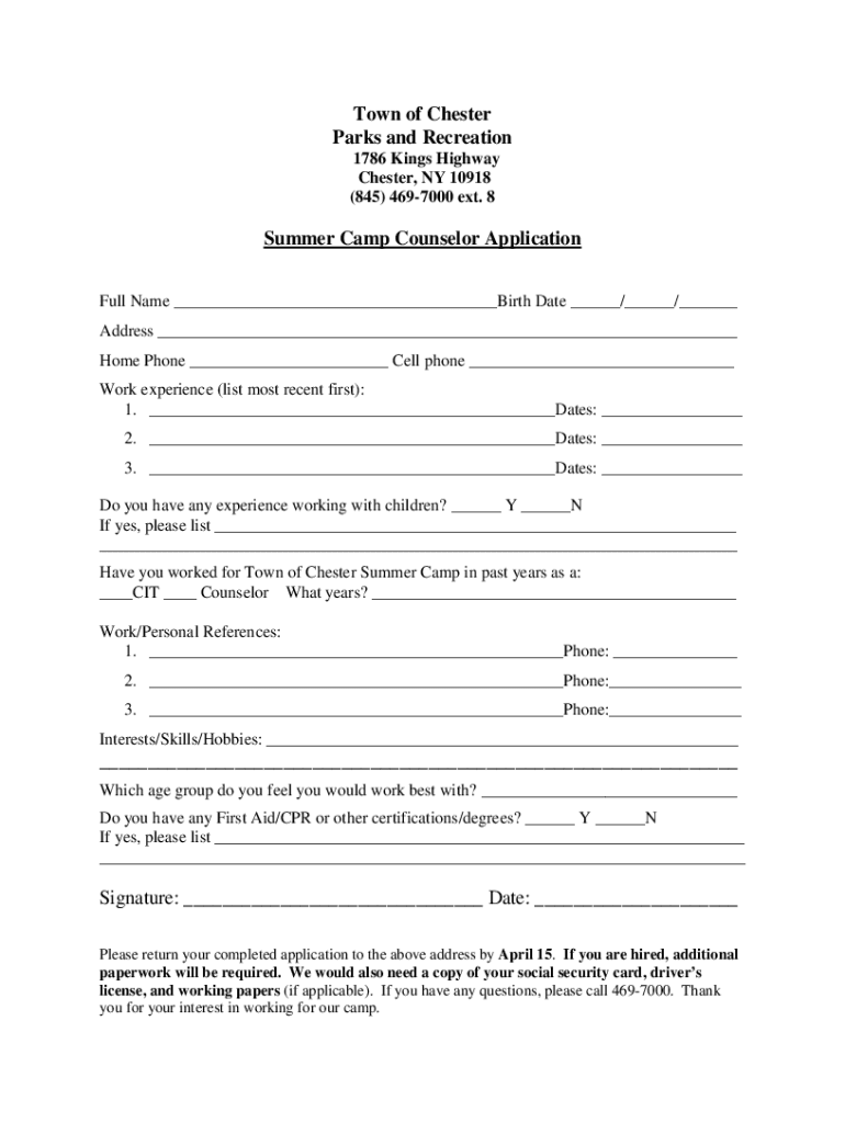 Fillable Online Summer Camp Counselor Application - chester-ny.gov Fax Email Print - pdfFiller