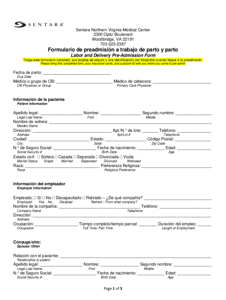 Fillable Online Sentara Northern Virginia Medical Center in Woodbridge ...