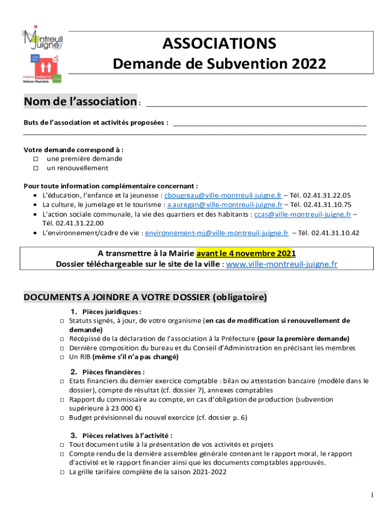 Fillable Online IMPORTANT Les dossiers de demande de subvention doivent ... Fax Email Print ...
