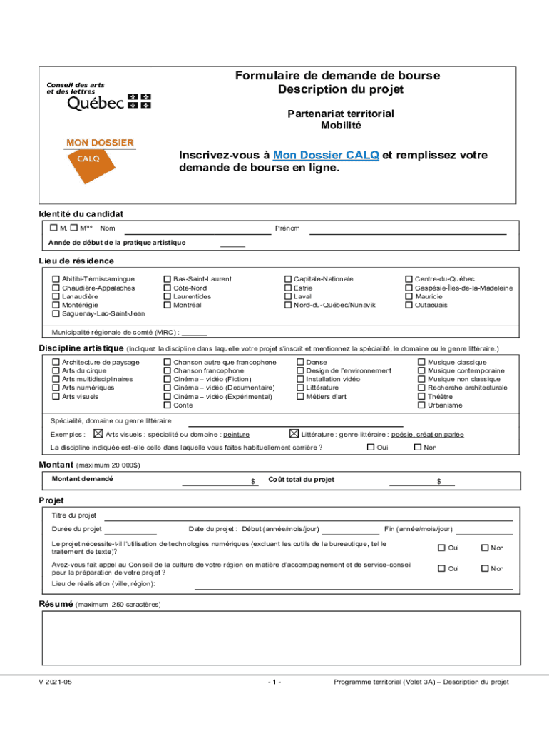 Fillable Online Formulaire de demande de bourse Description du projet ...