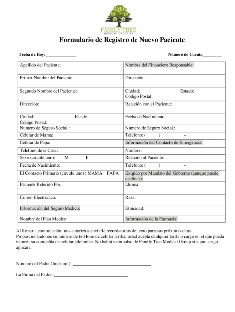 Fillable Online Formulario de Registro de Nuevo Paciente Fax Email ...