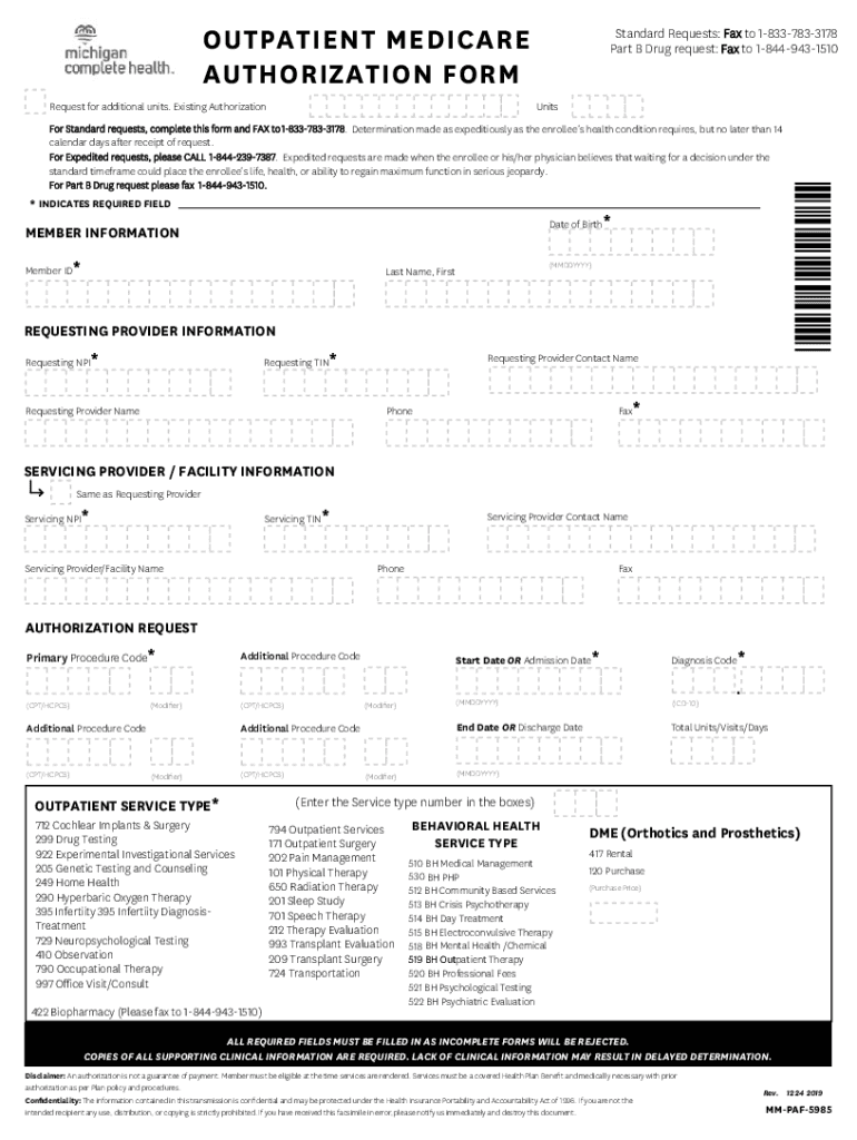 Fillable Online KM-PAF-1301 - Outpatient Medicare Authorization Form ...
