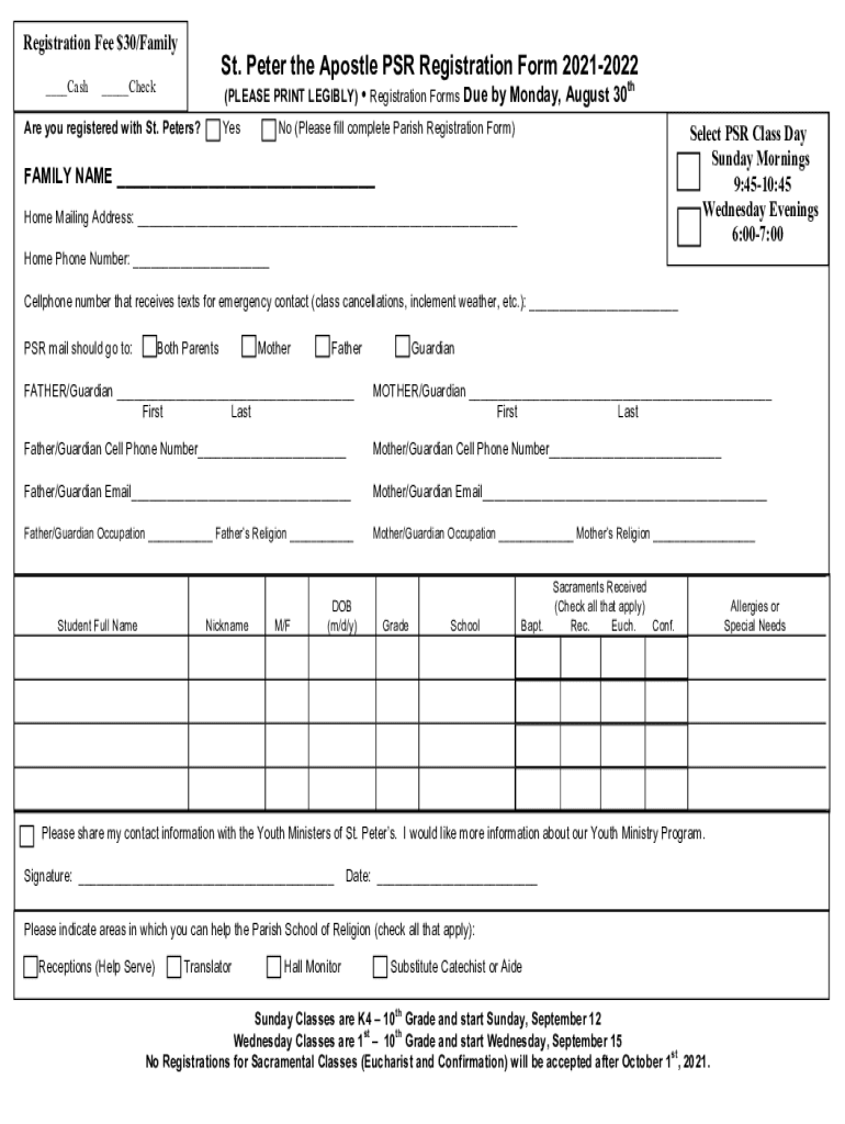 Fillable Online Fillable Online Peter the Apostle PSR Registration Form ...
