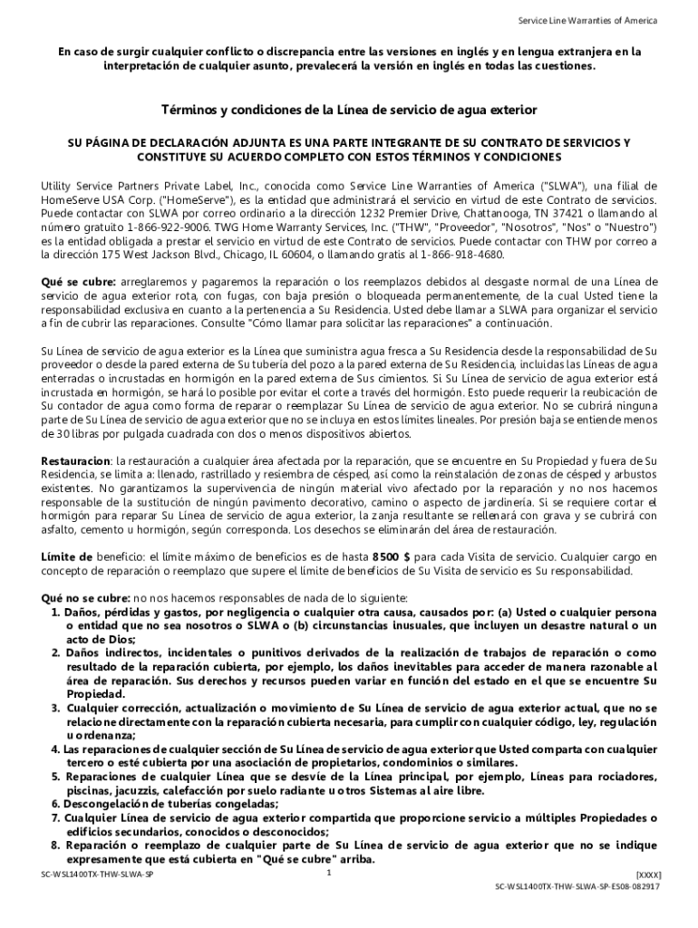 Fillable Online Exterior Water Service Line Terms and Conditions ...