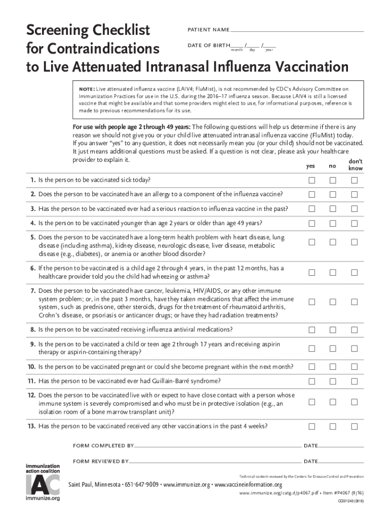 Fillable Online Screening Checklist for Contraindications to Live ...