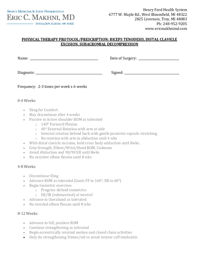 Fillable Online physical therapy protocol/prescription: biceps ...
