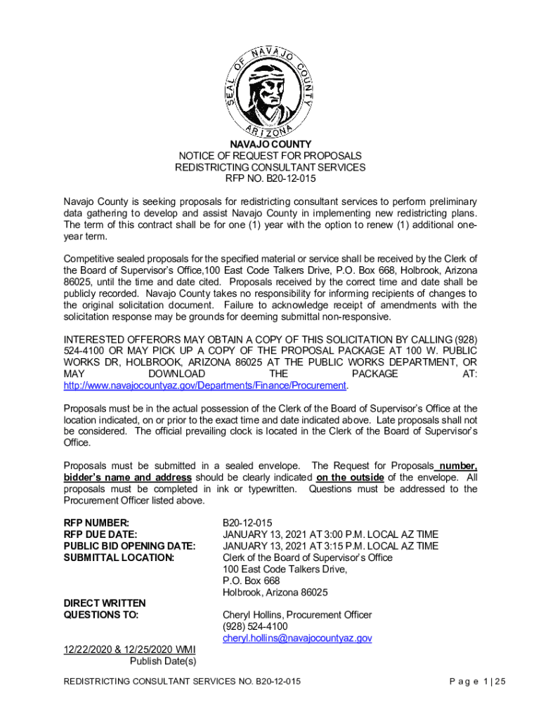 Fillable Online NAVAJO COUNTY NOTICE OF REQUEST FOR PROPOSALS RFP NO ...