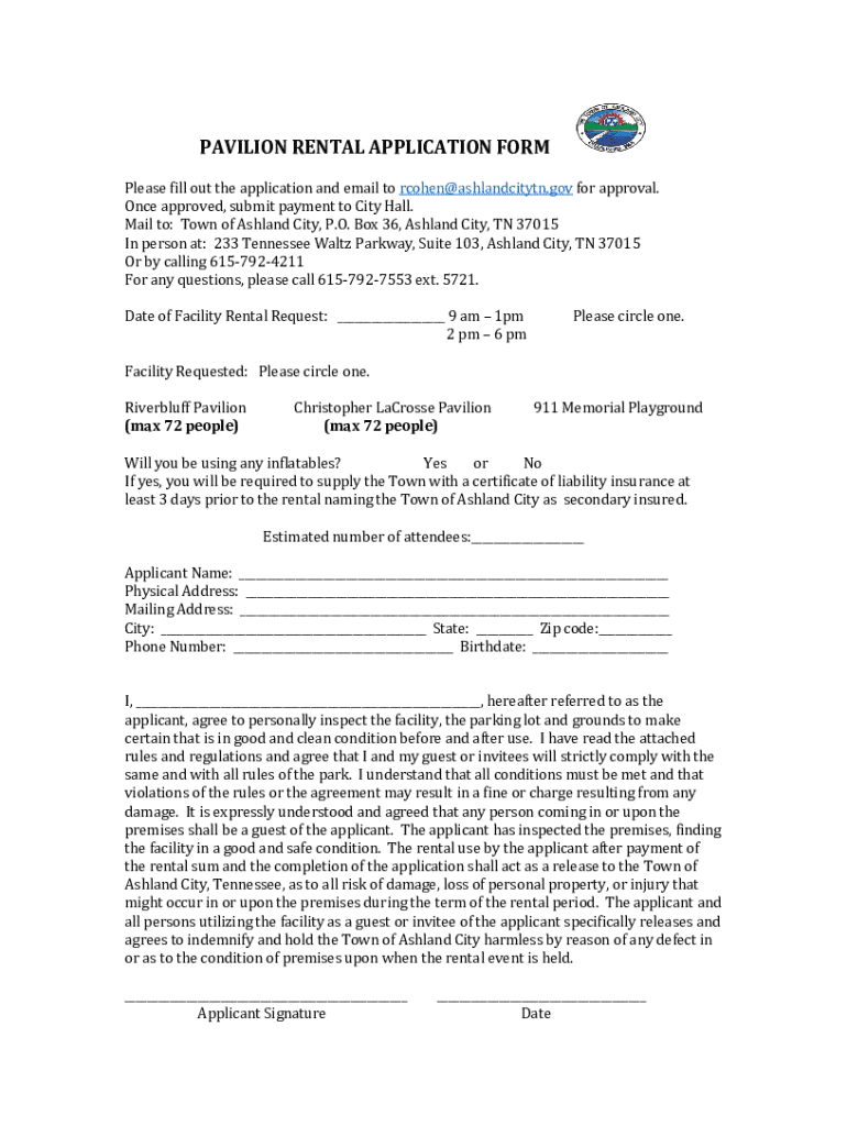 Fillable Online Fillable Online PAVILION RENTAL APPLICATION FORM ...