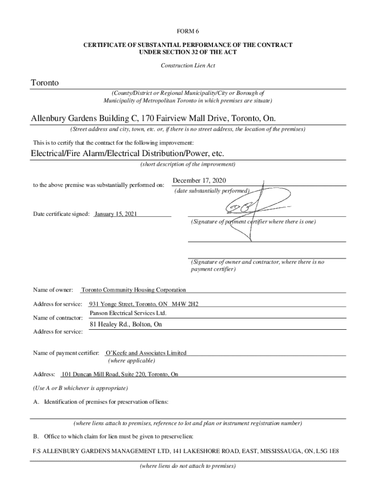 Fillable Online FORM 6 CERTIFICATE OF SUBSTANTIAL PERFORMANCE OF THE ...