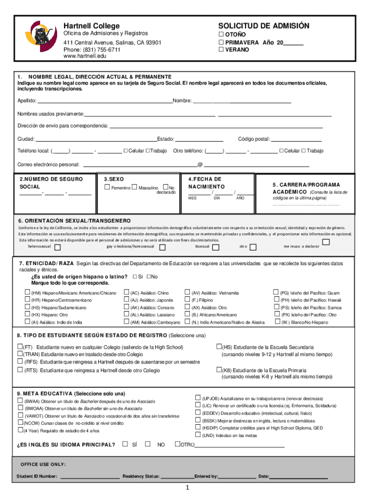 Fillable Online www.hartnell.edustudentsadmissionsHartnell College ...